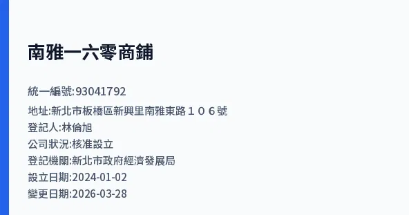 南雅一六零商鋪的照片-統編 93041792(新北市) 公司登記資料與營業項目詳細圖表