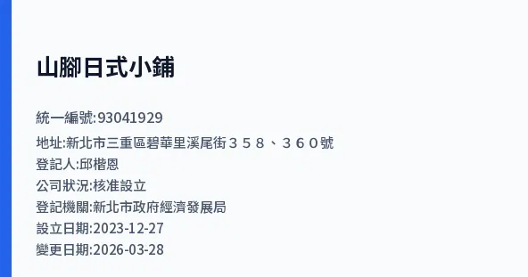 山腳日式小鋪的照片-統編 93041929(新北市) 公司登記資料與營業項目詳細圖表