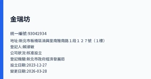 金瑞坊的照片-統編 93041934(新北市) 公司登記資料與營業項目詳細圖表