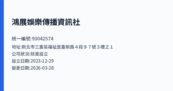 鴻展娛樂傳播資訊社的照片-統編 93042574(新北市) 公司登記資料與營業項目詳細圖表