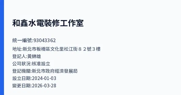 和鑫水電裝修工作室的照片-統編 93043362(新北市) 公司登記資料與營業項目詳細圖表