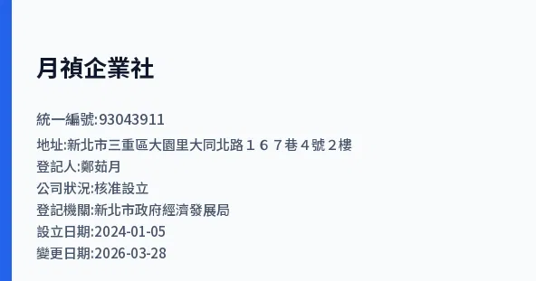 月禎企業社的照片-統編 93043911(新北市) 公司登記資料與營業項目詳細圖表
