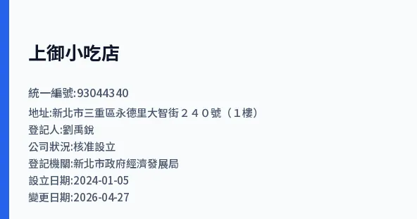 上御小吃店的照片-統編 93044340(新北市) 公司登記資料與營業項目詳細圖表