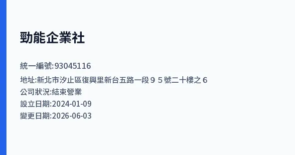 勁能企業社的照片-統編 93045116(新北市) 公司登記資料與營業項目詳細圖表