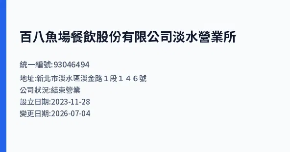 百八魚場餐飲股份有限公司淡水營業所的照片-統編 93046494(新北市) 公司登記資料與營業項目詳細圖表