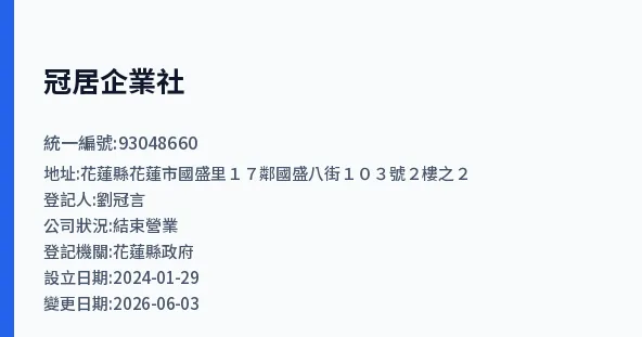 冠居企業社的照片-統編 93048660(花蓮縣) 公司登記資料與營業項目詳細圖表