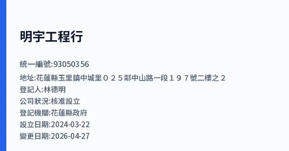 明宇工程行的照片-統編 93050356(花蓮縣) 公司登記資料與營業項目詳細圖表