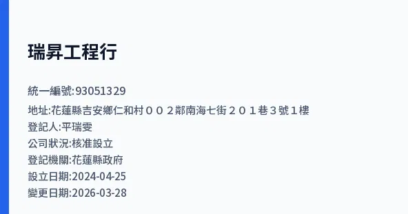 瑞昇工程行的照片-統編 93051329(花蓮縣) 公司登記資料與營業項目詳細圖表