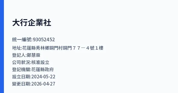 大行企業社的照片-統編 93052452(花蓮縣) 公司登記資料與營業項目詳細圖表