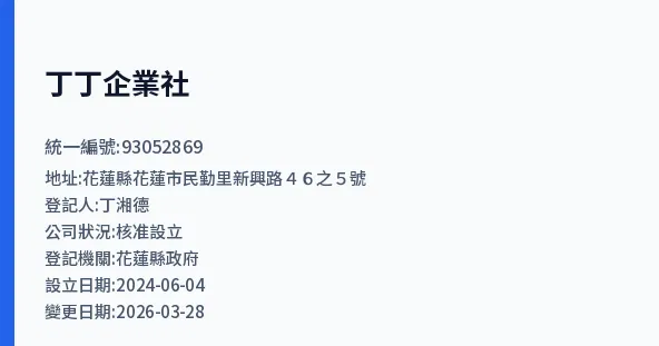丁丁企業社的照片-統編 93052869(花蓮縣) 公司登記資料與營業項目詳細圖表