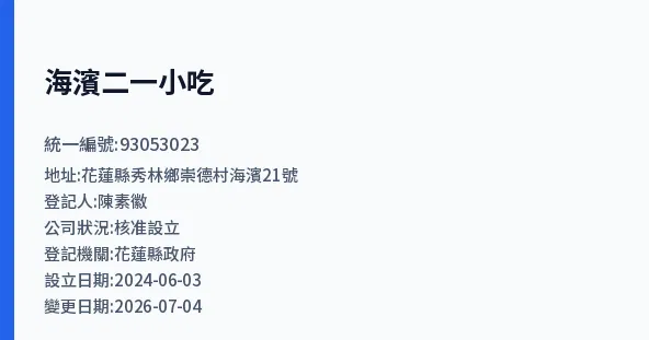 海濱二一小吃的照片-統編 93053023(花蓮縣) 公司登記資料與營業項目詳細圖表