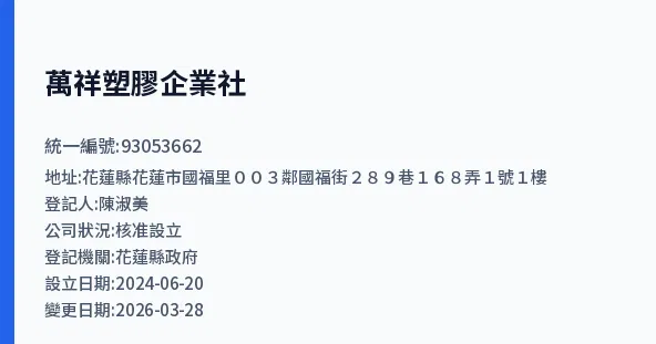 萬祥塑膠企業社的照片-統編 93053662(花蓮縣) 公司登記資料與營業項目詳細圖表