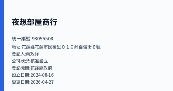 夜想部屋商行的照片-統編 93055508(花蓮縣) 公司登記資料與營業項目詳細圖表