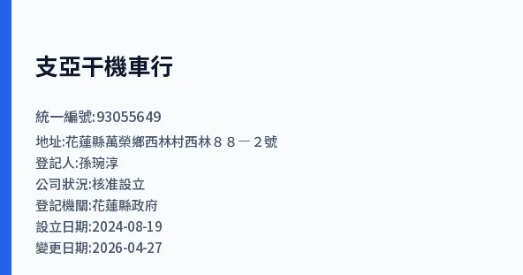 支亞干機車行的照片-統編 93055649(花蓮縣) 公司登記資料與營業項目詳細圖表