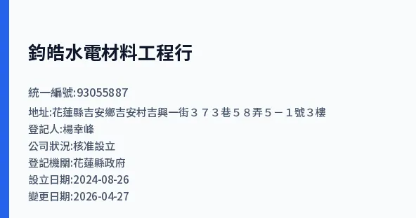 鈞皓水電材料工程行的照片-統編 93055887(花蓮縣) 公司登記資料與營業項目詳細圖表