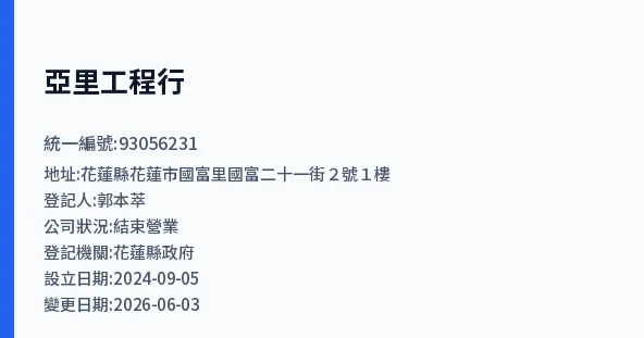 亞里工程行的照片-統編 93056231(花蓮縣) 公司登記資料與營業項目詳細圖表