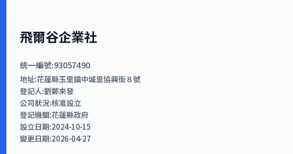 飛爾谷企業社的照片-統編 93057490(花蓮縣) 公司登記資料與營業項目詳細圖表