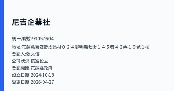 尼吉企業社的照片-統編 93057604(花蓮縣) 公司登記資料與營業項目詳細圖表