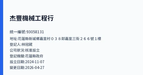 杰豐機械工程行的照片-統編 93058131(花蓮縣) 公司登記資料與營業項目詳細圖表