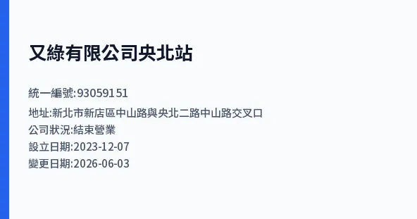 又綠有限公司央北站的照片-統編 93059151(新北市) 公司登記資料與營業項目詳細圖表