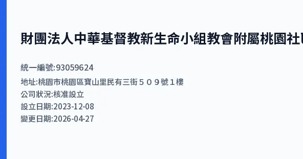 財團法人中華基督教新生命小組教會附屬桃園社區關懷交誼中心的照片-統編 93059624(桃園市) 公司登記資料與營業項目詳細圖表