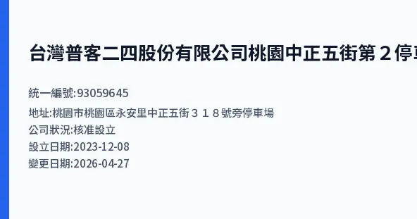 台灣普客二四股份有限公司桃園中正五街第2停車場的照片-統編 93059645(桃園市) 公司登記資料與營業項目詳細圖表