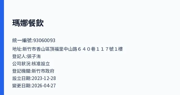 瑪娜餐飲的照片-統編 93060093(新竹市) 公司登記資料與營業項目詳細圖表