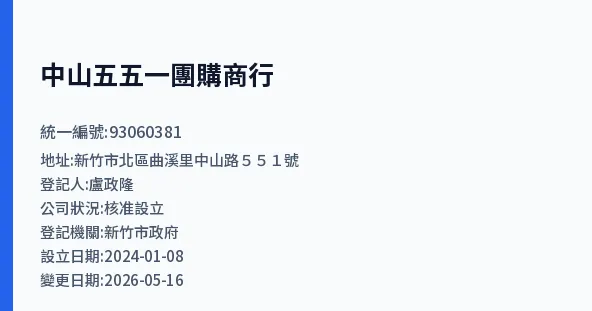 中山五五一團購商行的照片-統編 93060381(新竹市) 公司登記資料與營業項目詳細圖表