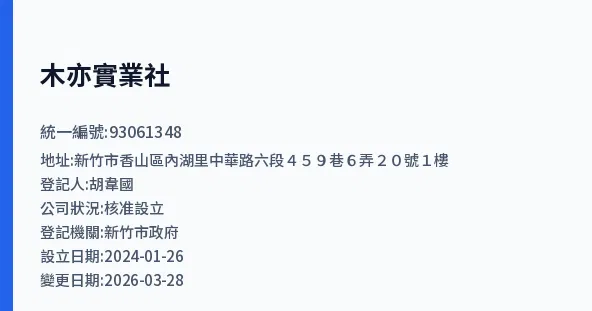 木亦實業社的照片-統編 93061348(新竹市) 公司登記資料與營業項目詳細圖表