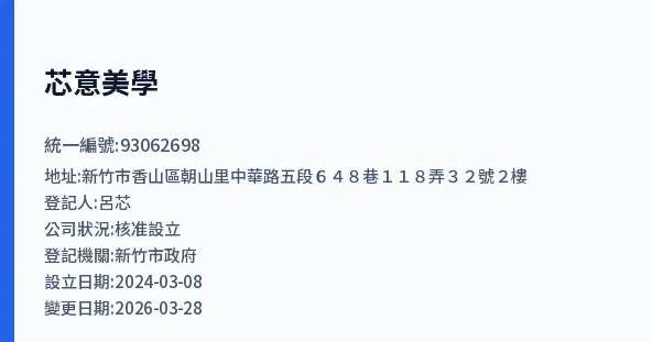 芯意美學的照片-統編 93062698(新竹市) 公司登記資料與營業項目詳細圖表