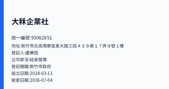 大秝企業社的照片-統編 93062851(新竹市) 公司登記資料與營業項目詳細圖表