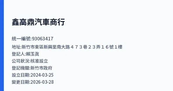 鑫高鼎汽車商行的照片-統編 93063417(新竹市) 公司登記資料與營業項目詳細圖表
