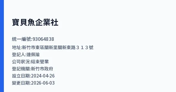 寶貝魚企業社的照片-統編 93064838(新竹市) 公司登記資料與營業項目詳細圖表