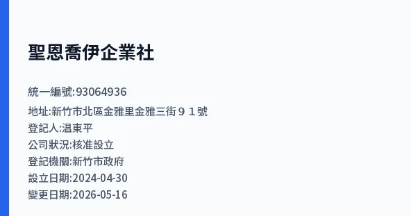 聖恩喬伊企業社的照片-統編 93064936(新竹市) 公司登記資料與營業項目詳細圖表