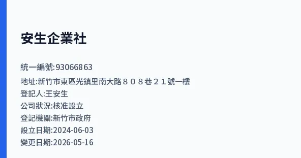 安生企業社的照片-統編 93066863(新竹市) 公司登記資料與營業項目詳細圖表