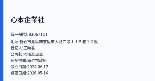 心本企業社的照片-統編 93067151(新竹市) 公司登記資料與營業項目詳細圖表
