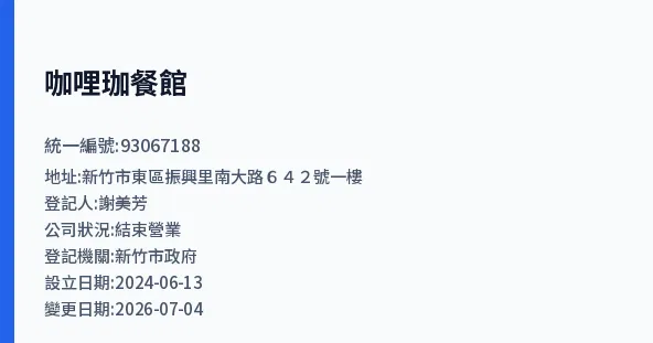 咖哩珈餐館的照片-統編 93067188(新竹市) 公司登記資料與營業項目詳細圖表