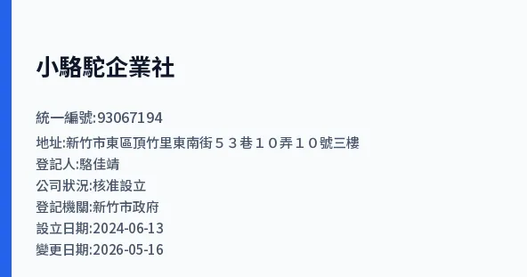 小駱駝企業社的照片-統編 93067194(新竹市) 公司登記資料與營業項目詳細圖表