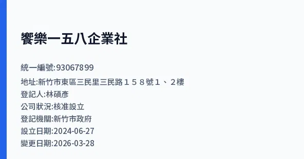 饗樂一五八企業社的照片-統編 93067899(新竹市) 公司登記資料與營業項目詳細圖表