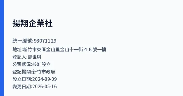 揚翔企業社的照片-統編 93071129(新竹市) 公司登記資料與營業項目詳細圖表