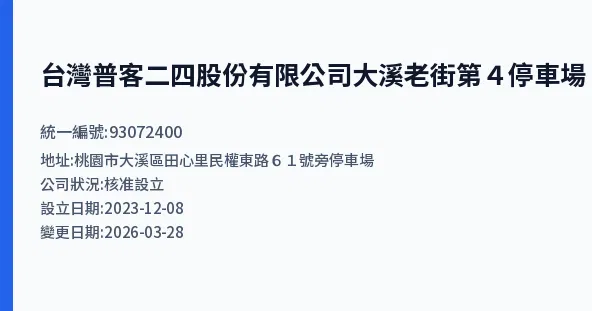 台灣普客二四股份有限公司大溪老街第4停車場的照片-統編 93072400(桃園市) 公司登記資料與營業項目詳細圖表