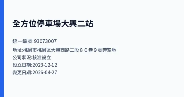 全方位停車場大興二站的照片-統編 93073007(桃園市) 公司登記資料與營業項目詳細圖表