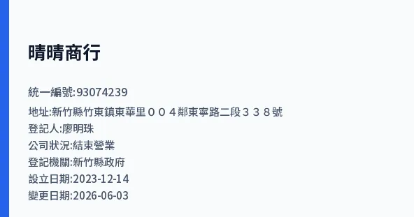 晴晴商行的照片-統編 93074239(新竹縣) 公司登記資料與營業項目詳細圖表