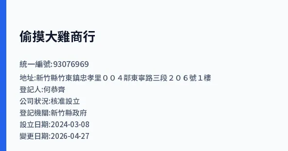 偷摸大雞商行的照片-統編 93076969(新竹縣) 公司登記資料與營業項目詳細圖表