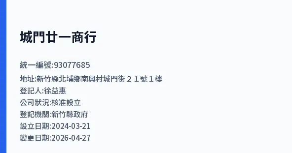 城門廿一商行的照片-統編 93077685(新竹縣) 公司登記資料與營業項目詳細圖表