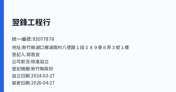 翌鋒工程行的照片-統編 93077876(新竹縣) 公司登記資料與營業項目詳細圖表