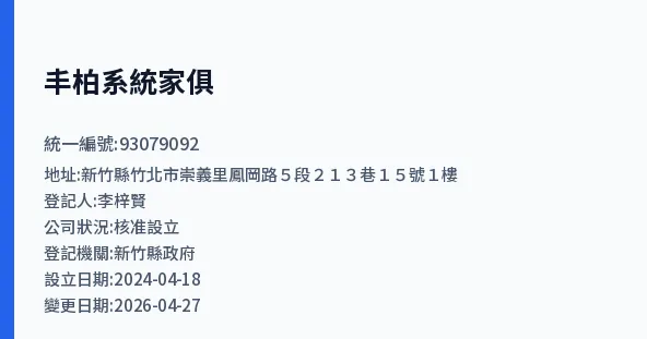 丰柏系統家俱的照片-統編 93079092(新竹縣) 公司登記資料與營業項目詳細圖表