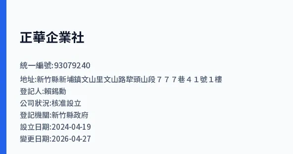 正華企業社的照片-統編 93079240(新竹縣) 公司登記資料與營業項目詳細圖表