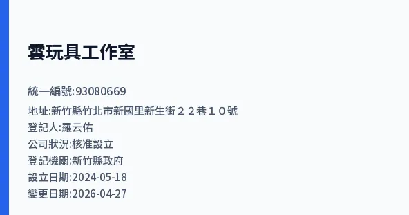 雲玩具工作室的照片-統編 93080669(新竹縣) 公司登記資料與營業項目詳細圖表