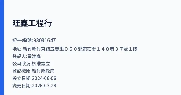 旺鑫工程行的照片-統編 93081647(新竹縣) 公司登記資料與營業項目詳細圖表